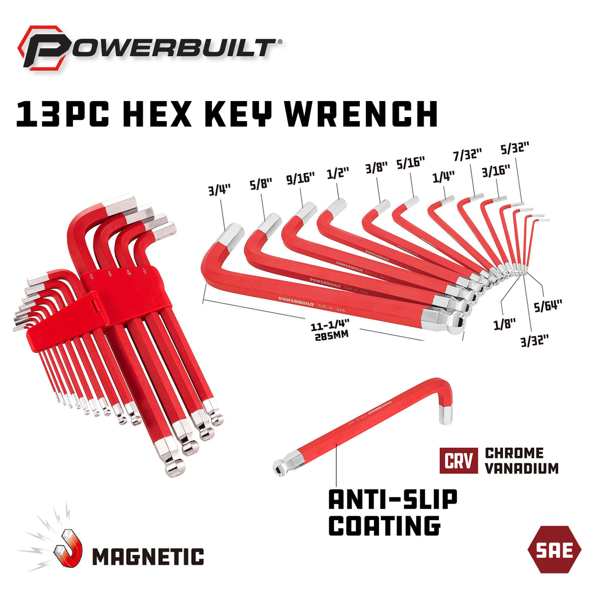Powerbuilt 13Pc Imperial Hex Key Jumbo Long Ball End Magnetic Wrench S ...